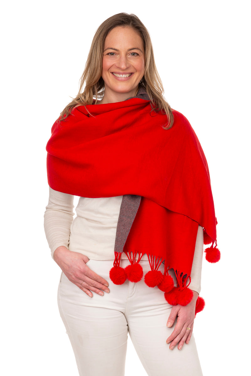 Red and Grey Wrap With Pom Poms – Franchetti Bond